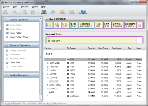 Resize, move, extend, split and merge partitions with Partition Assistant